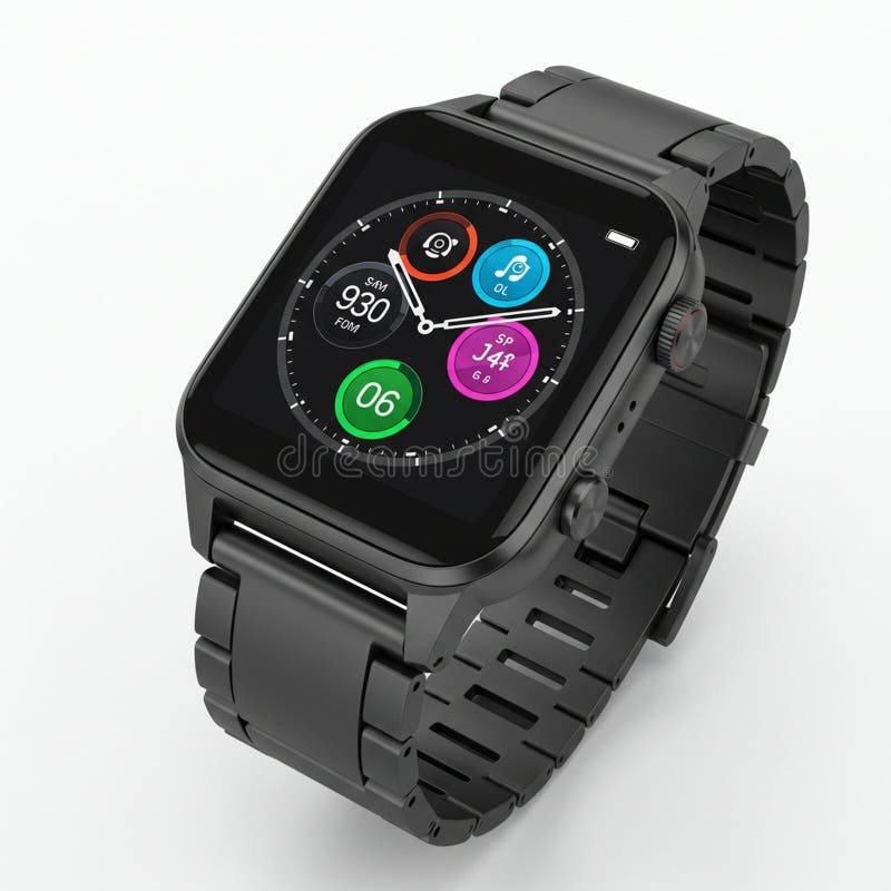 Black Smartwatch with a Sleek, Rectangular Design Featuring a Metal ...