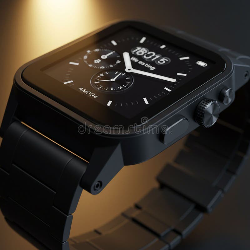 Black Smartwatch with a Square Face Featuring Analog-style Hour, Minute ...