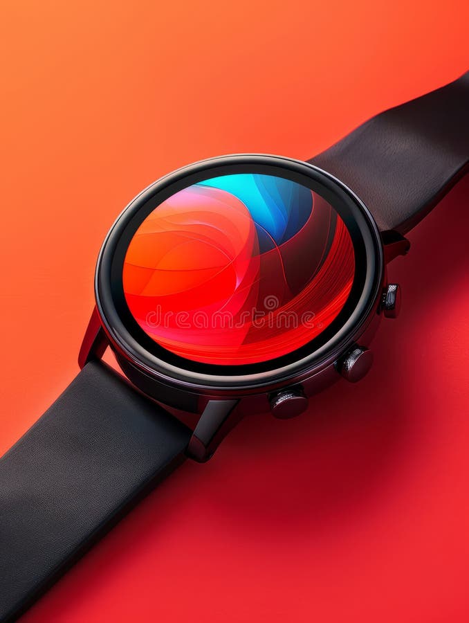 Black Smartwatch with Vibrant Abstract Display on Red Background. Stock ...