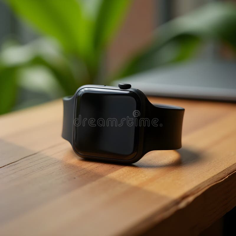 A Black Smartwatch on a Wooden Table Illuminated by Sunlight, Sleek and ...