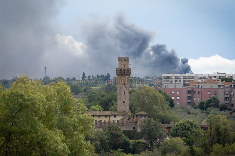 Black Smoke from a Fire Over a Medieval Castle in Rome, Italy Stock ...