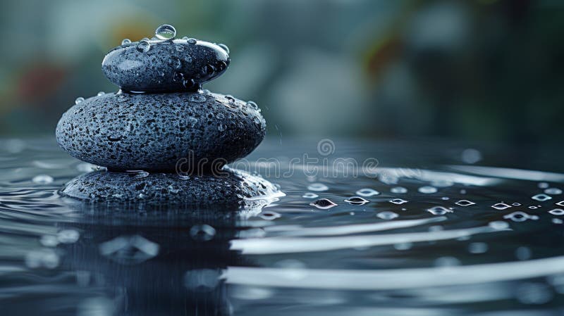 Black Smooth Stones with Water Drops on the Surface. One Stone is ...