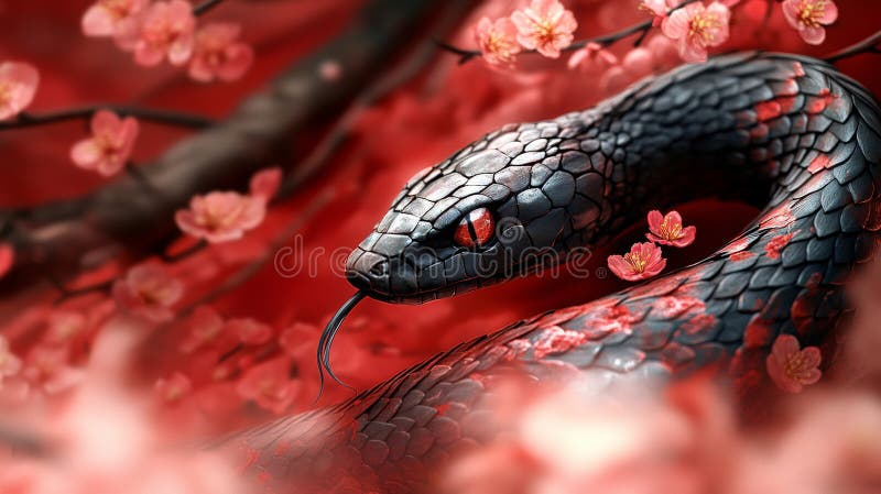 Black Snake Amidst Cherry Blossom Branches Stock Illustration ...
