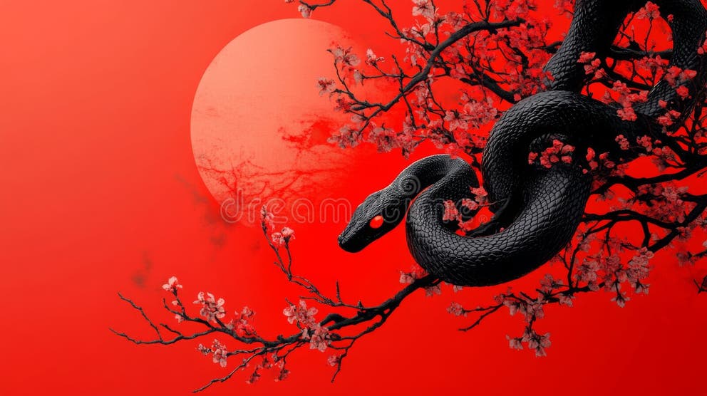 Black Snake on a Cherry Blossom Tree Under a Red Moon Stock ...