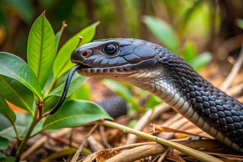 Black Snake, Close-up, in Forest, Tongue Flicking Stock Illustration ...