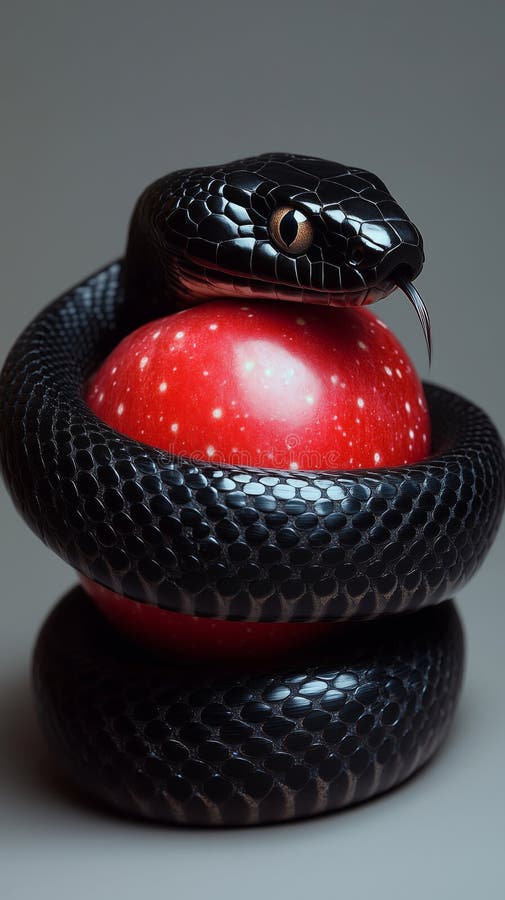 Black Snake Coiled Around Red Apple Creating Striking Visual Contrast ...