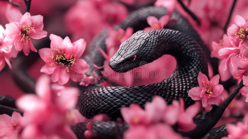 Black Snake Coiled among Pink Cherry Blossoms Stock Illustration ...