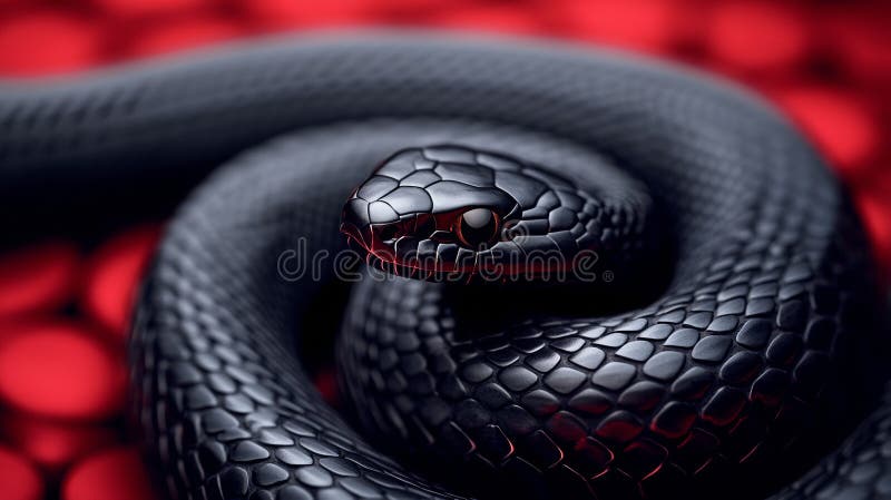 Black Snake Coiled Red Background Striking Pose Stock Illustration ...