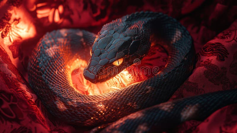 Black Snake Coiled on Red Fabric Glowing Embers Stock Illustration ...