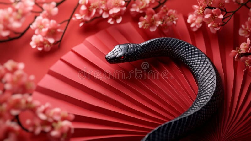 Black Snake Coiled on Red Fan with Pink Blossoms Stock Illustration ...