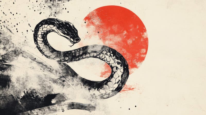 Black Snake Coiling Around Red Sun with Abstract Background Stock ...