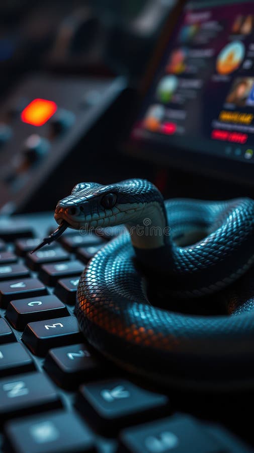 Black Snake Curled on a Keyboard beside a Control Panel at Night ...