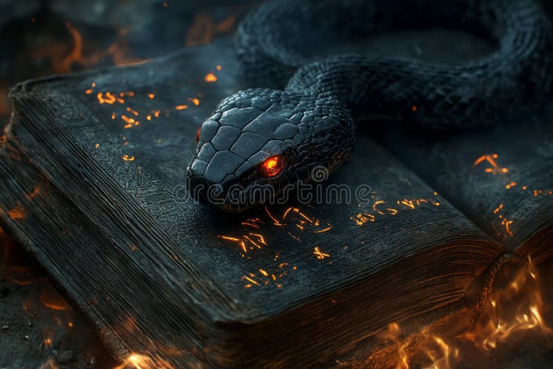 Black Snake with Glowing Eyes Guarding an Ancient Spell Book Burning in ...
