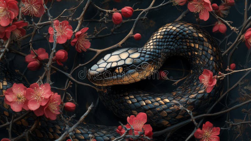Black Snake among Red Blossoms Stock Illustration - Illustration of ...