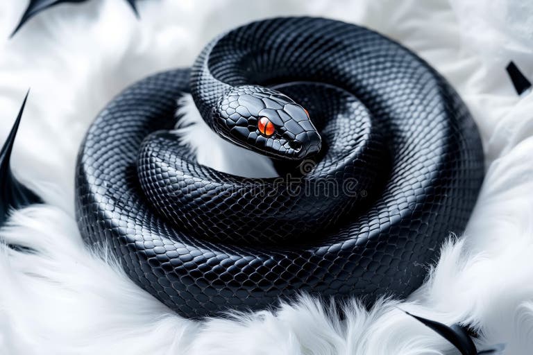 A Black Snake with Red Eyes on a White Feather Stock Illustration ...