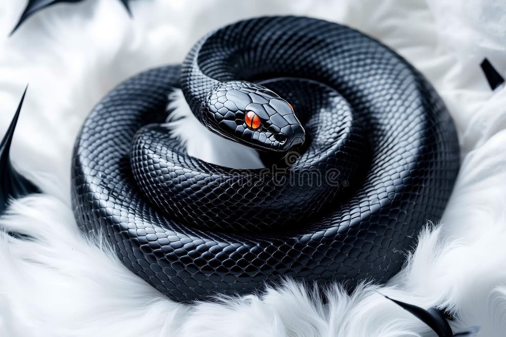 A Black Snake with Red Eyes on a White Feather Stock Illustration ...
