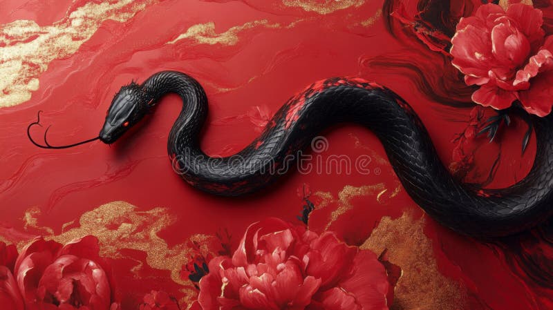 Black Snake among Red Peonies and Gold Accents Stock Illustration ...