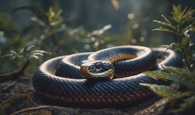 A Black Snake with a Red Stripe Coils Around Itself in the Forest ...