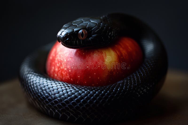 Black Snake Curled Around Red Apple on Textured Background in Soft ...