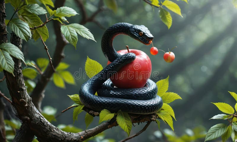 A Black Snake is Wrapped Around an Apple, with the Apple Being Bitten ...