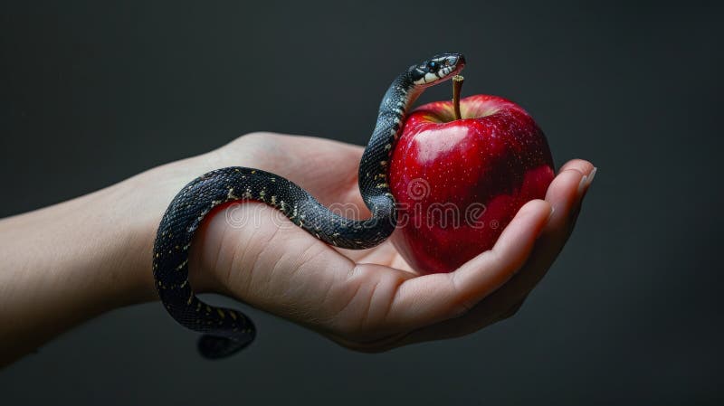 Black Snake Coiled Around Red Apple in Hand Against Dark Background ...