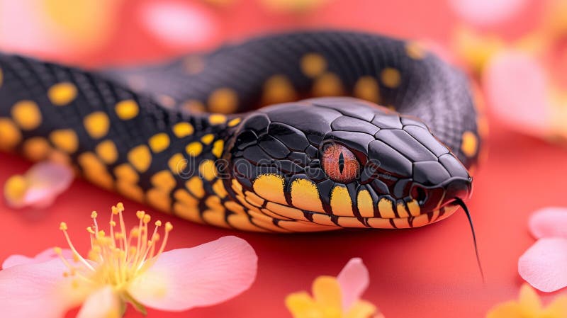 Black Snake with Yellow Markings among Pink Flowers Stock Illustration ...