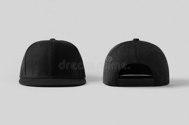 Black Snapback Caps Mockup on a Grey Background, Front and Back Side ...