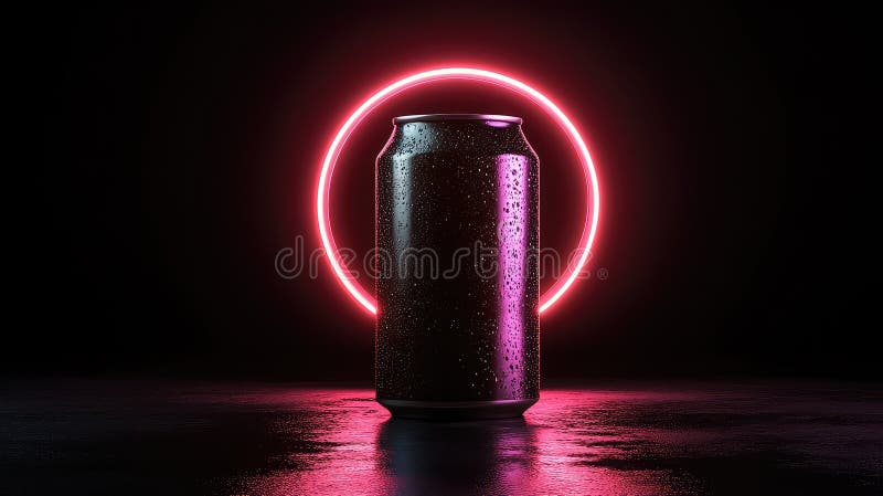 Black Soda Can with Reflective Surface and Neon Pink Circle of Light ...