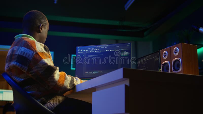 Black Software Engineer Writes Complex Binary Code Scripts On Computer Stock Video Video Of