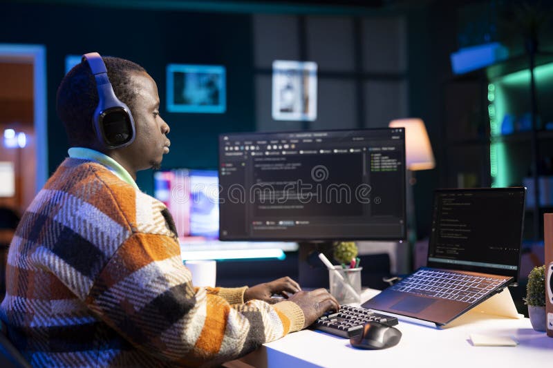 Black Software Engineer Writes Complex Binary Code Scripts On Computer Stock Image Image Of