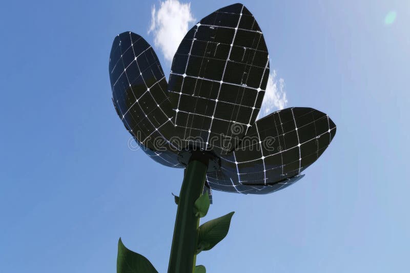 A Black Solar Panel Flower Blooms Under a Bright Blue Sky, Its Petals ...