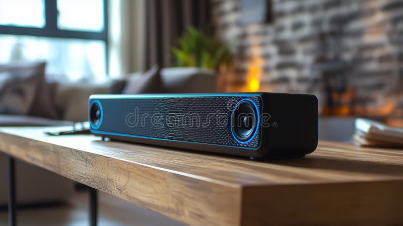 Black Soundbar on Wooden Shelf in Modern Interior Stock Image - Image ...