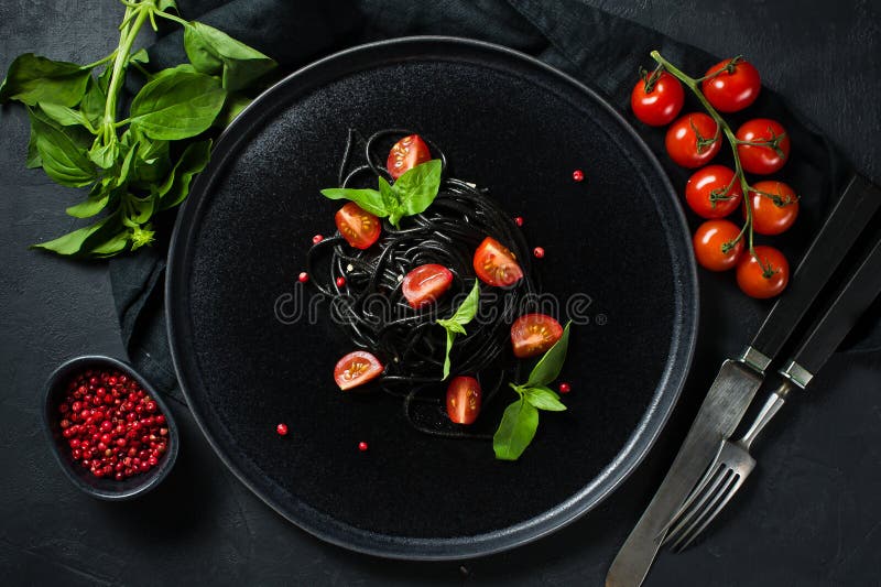 Black Spaghetti with Basil and Cherry Tomatoes, Vegetarian Pasta. Black ...