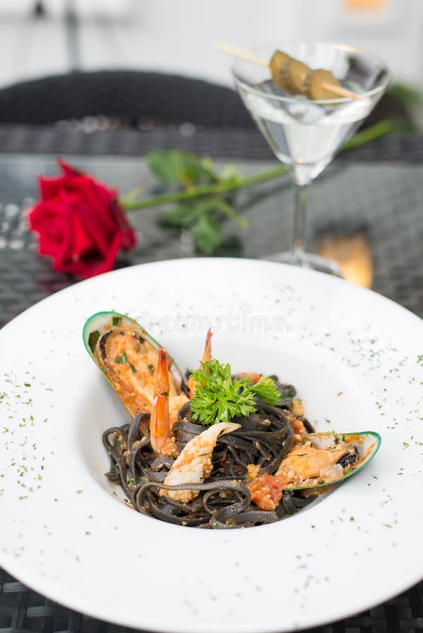 Black Spaghetti with Seafood Stock Photo - Image of fish, refreshment ...