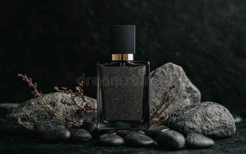 Black Sparkling Perfume Bottle on Dark Stones Stock Illustration ...
