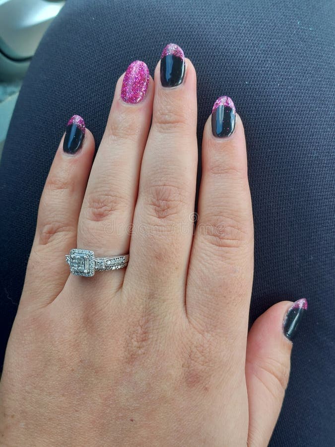 Black and Sparkling Pink Nails Plus Rings Stock Image - Image of ...