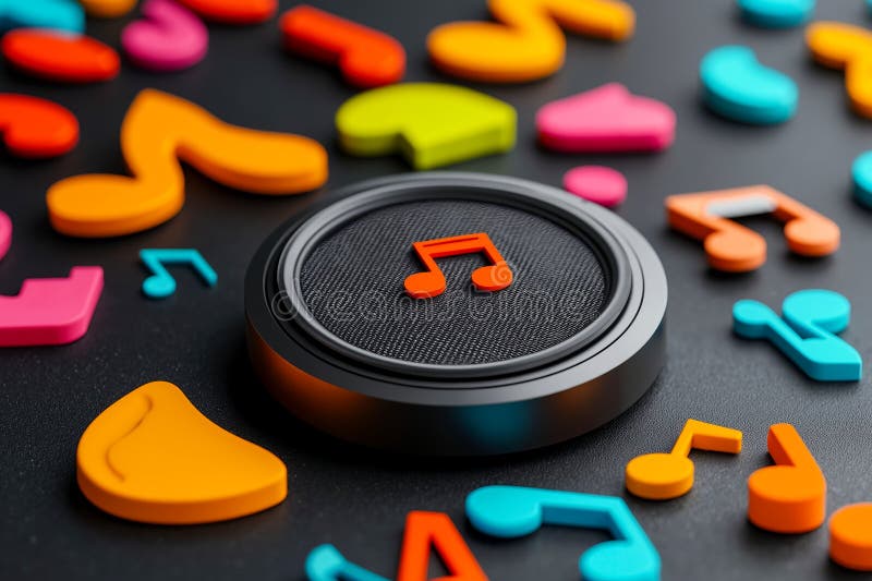 A Black Speaker Surrounded by Colorful Music Notes Stock Image - Image ...