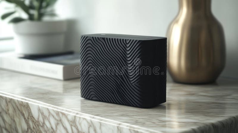 Black Speaker with Wave Pattern Design Resting on Marble Stock ...