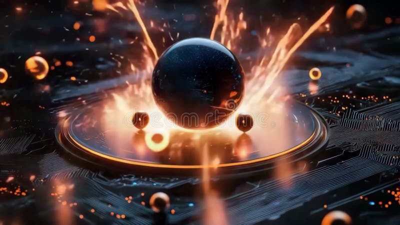 Black Sphere Glowing with Orange Sparks on Futuristic Circuit Board ...