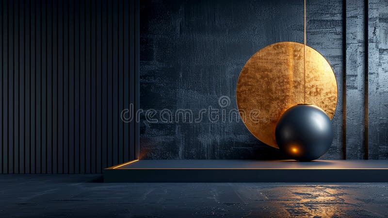 Black Sphere and Golden Disc in Dark Room Stock Illustration ...