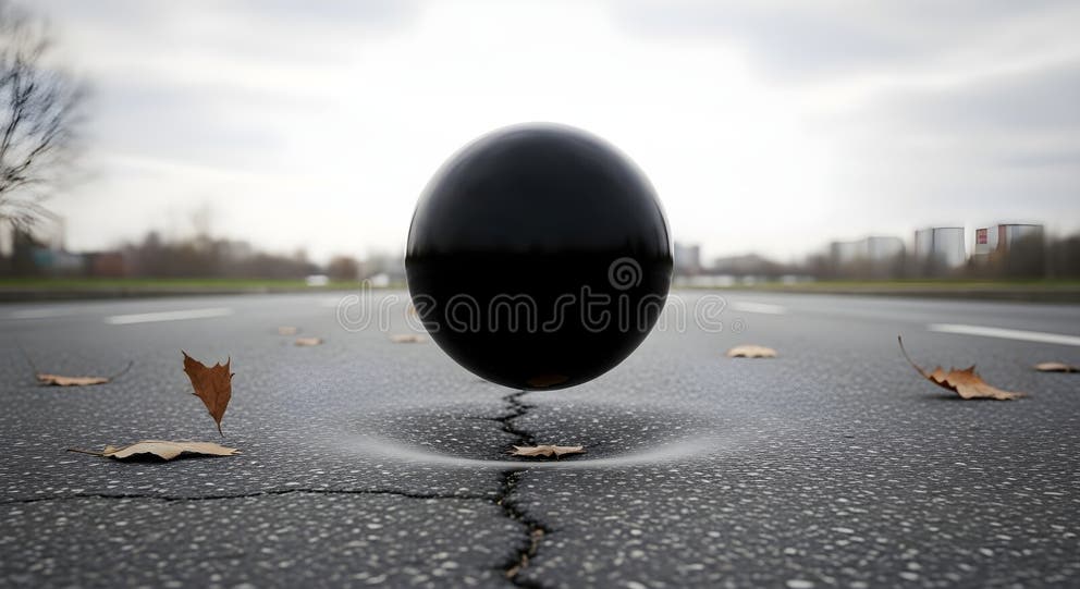 Black Sphere Levitates Over a Cracked Asphalt Road, Distorting the ...