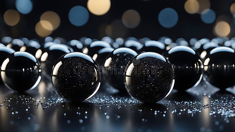 Black Spheres with Sparkling Effects on a Bokeh Light Background ...