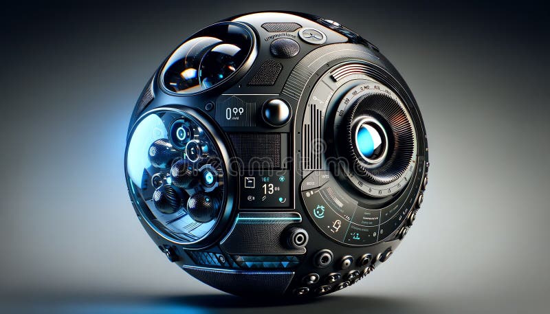 A Black Spherical Camera Perched Atop a Plain Wooden Table Illuminated ...