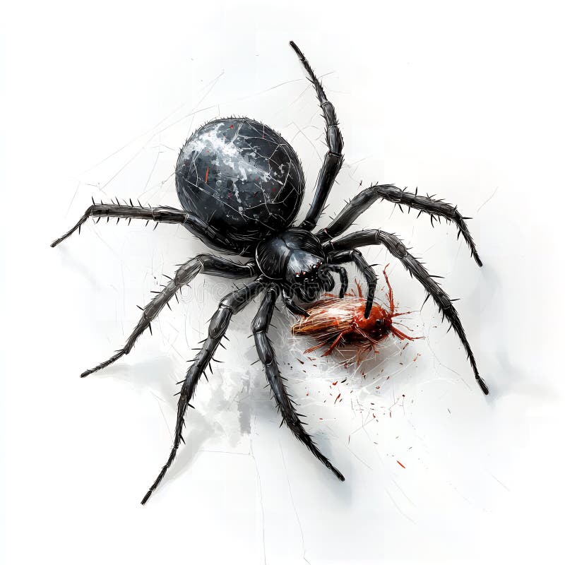 Black Spider Devouring Prey on White Background Detailed Closeup ...