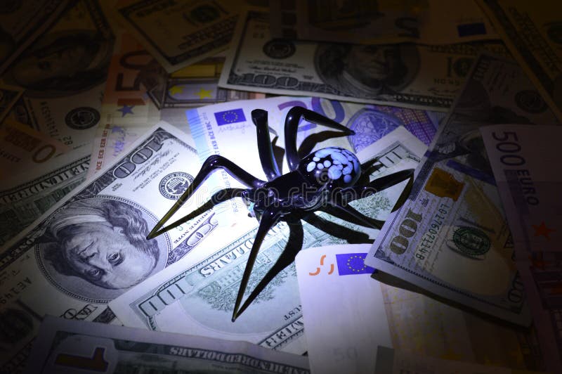 Black Spider Sits on One Hundred Dollar Bills Stock Photo - Image of ...