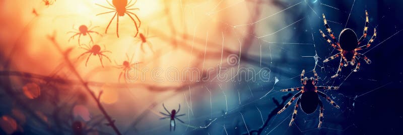 Black Spiders on an Blue-orange Glowing Background. Halloween Concept ...