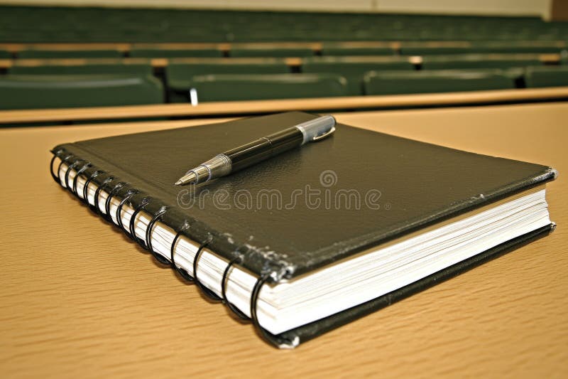 Black Spiral Notebook with Pen Resting on a Classroom Desk Stock Photo ...