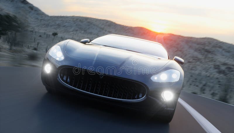 Black Sport Car on Road, Highway. Very Fast Driving. 3d Rendering ...