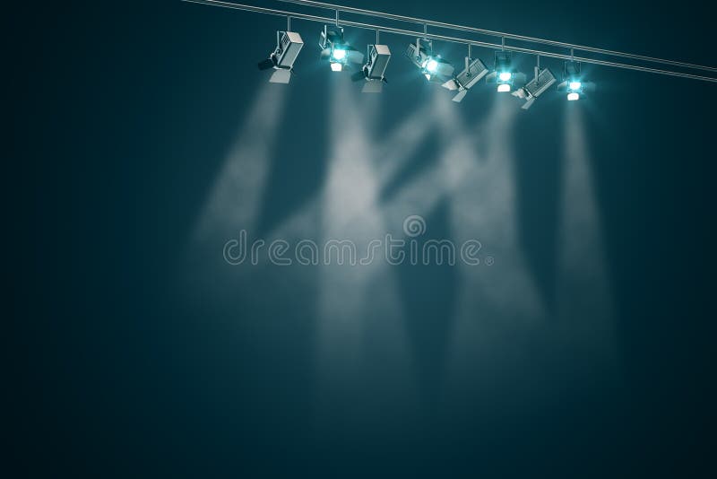 Black Spotlights on Rail with Beams of Light in the Smoke Stock ...