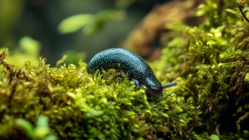 Black Spotted Slug on Lush Green Moss in Rainforest Stock Illustration ...